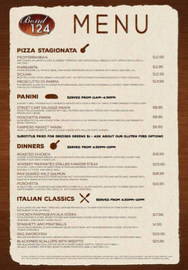 Menu at Bond 124 pub & bar, Somers