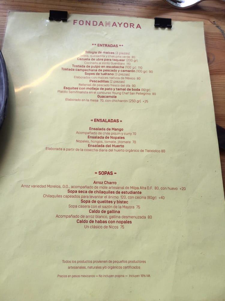 Menu at Fonda Mayora restaurant, Ciudad López Mateos, Campeche 322