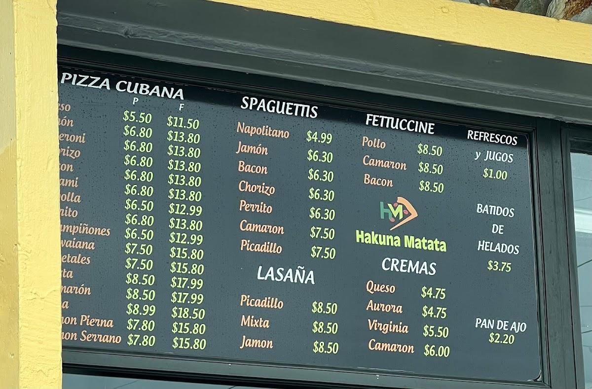 Menu at Hakuna Matata Pizza Cubana pizzeria, Hialeah