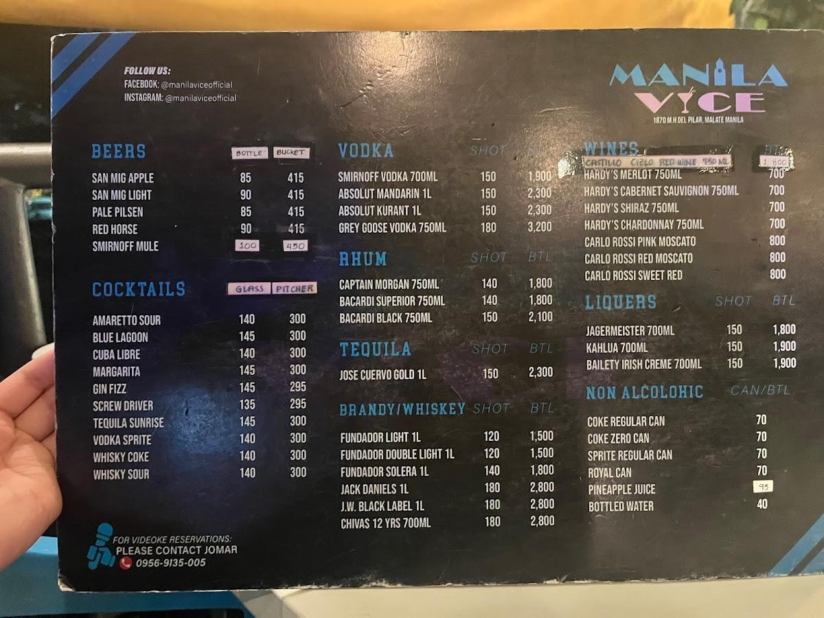 Menu at Manila Vice restaurant, Manila, Across