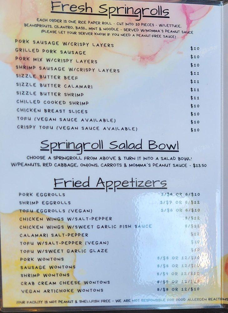 Menu at Pho Momma restaurant, Sacramento