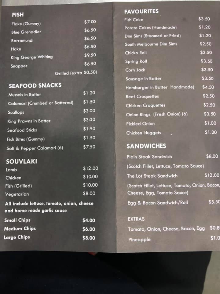 Menu at Pier 4 Fish & Chippery restaurant, Doreen
