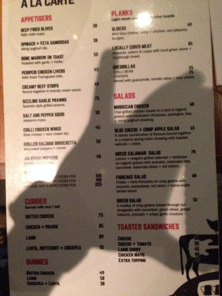 Menu at Unity Bar & Brasserie, Durban