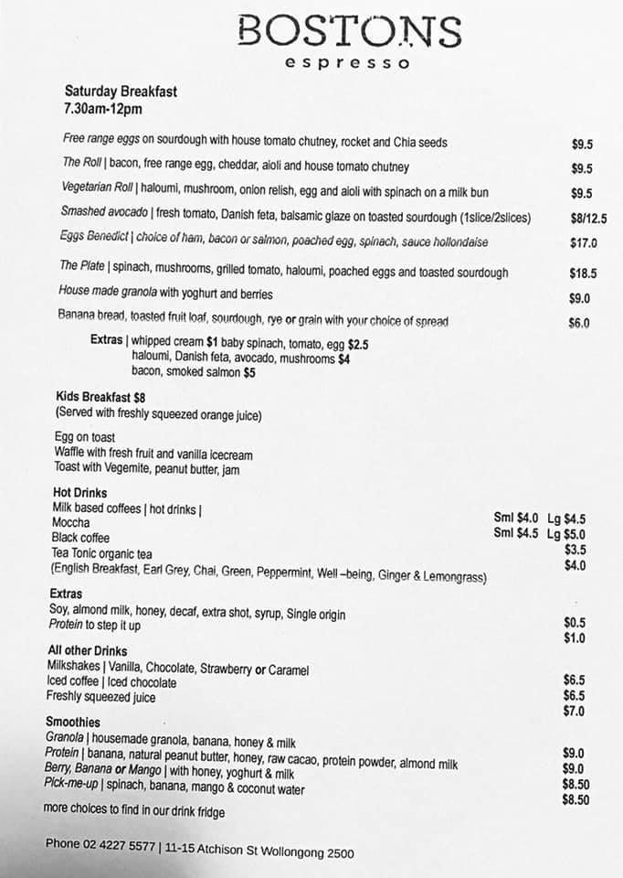 Menu at Bostons Espresso-Cafe, Wollongong