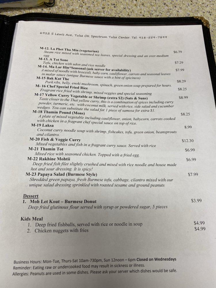 Menu at KAI Burmese Cuisine restaurant, Tulsa