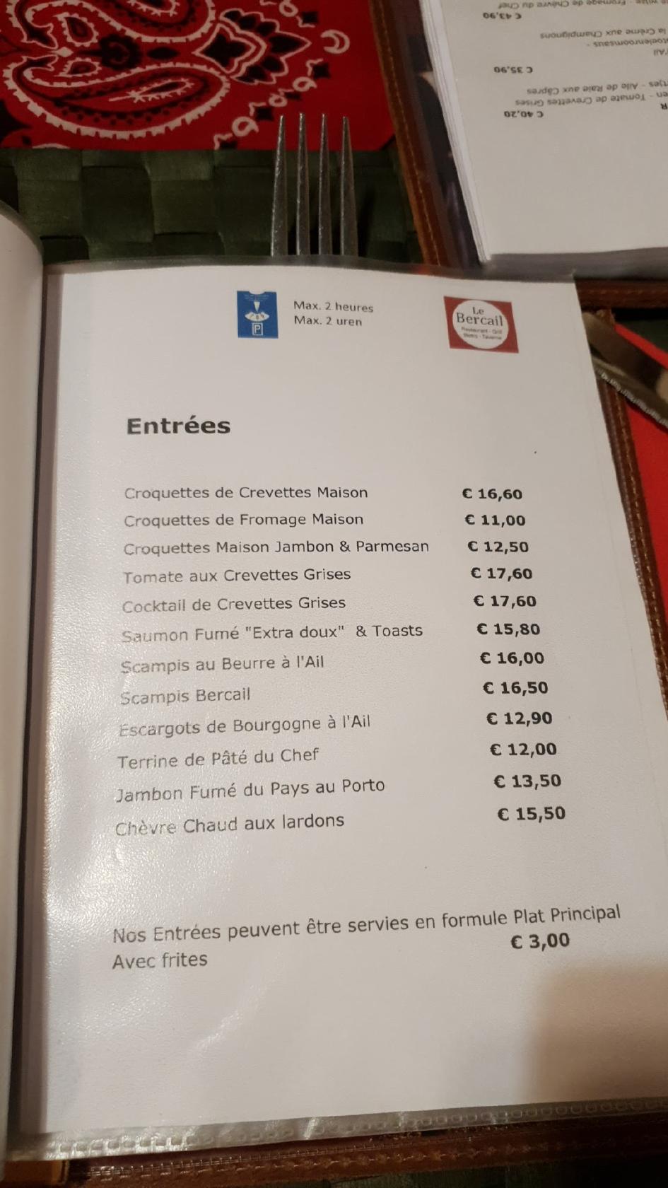 Menu au Mr Bernard, La Panne