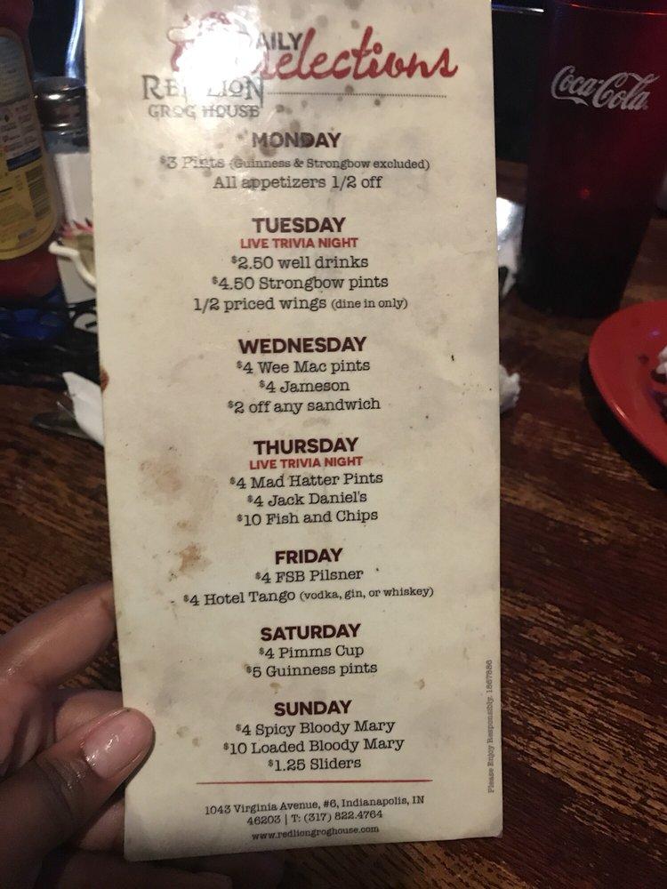 Menu at Red Lion Grog House pub & bar, Indianapolis