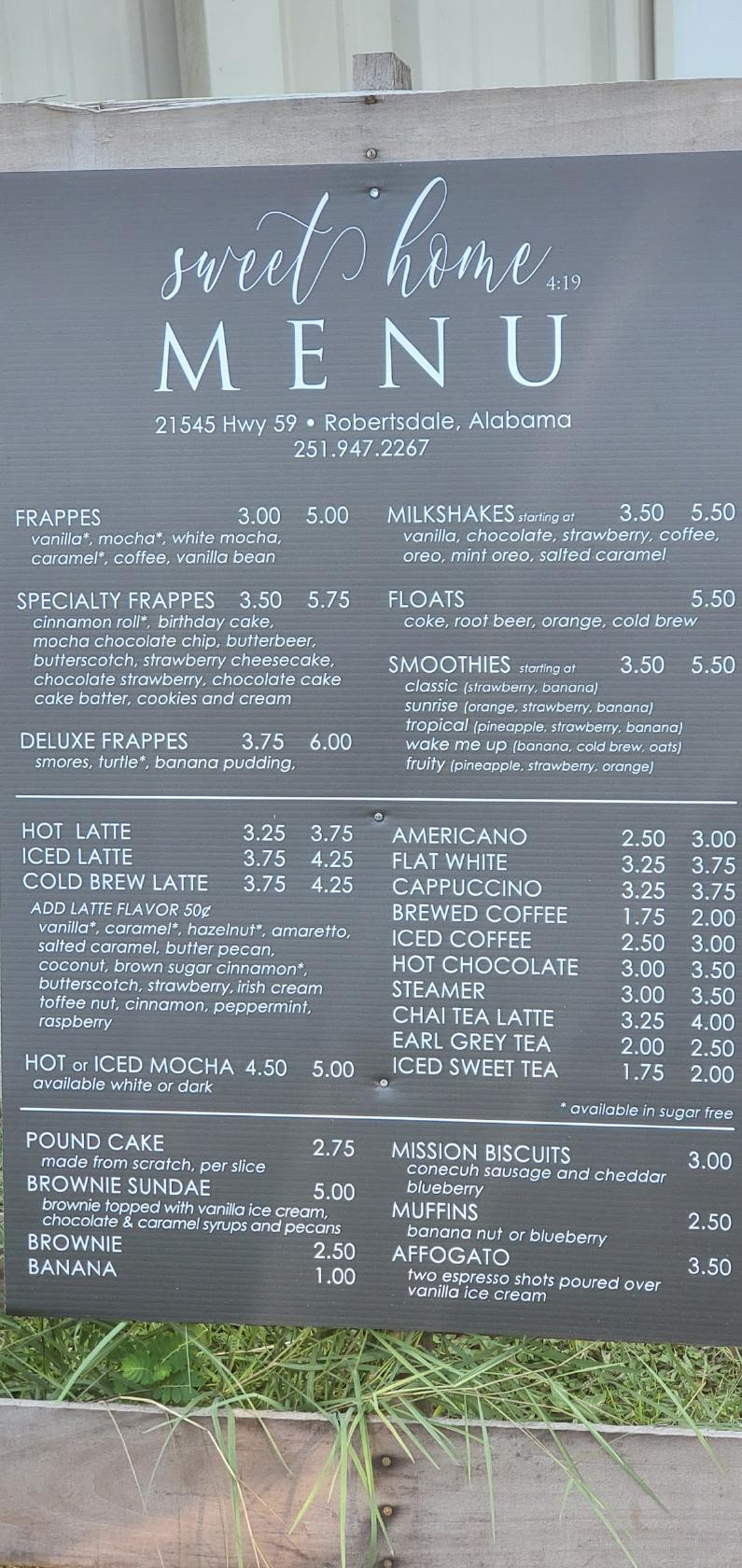 Menu at Sweet Home Coffee, Robertsdale