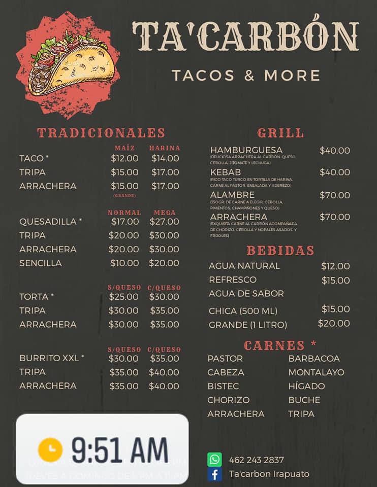 Menu at Ta'carbon Irapuato restaurant, Aldama