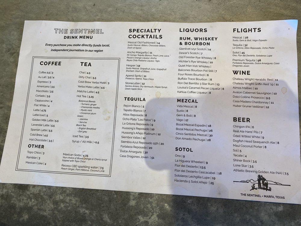 Menu at The Sentinel Marfa pub & bar, Marfa