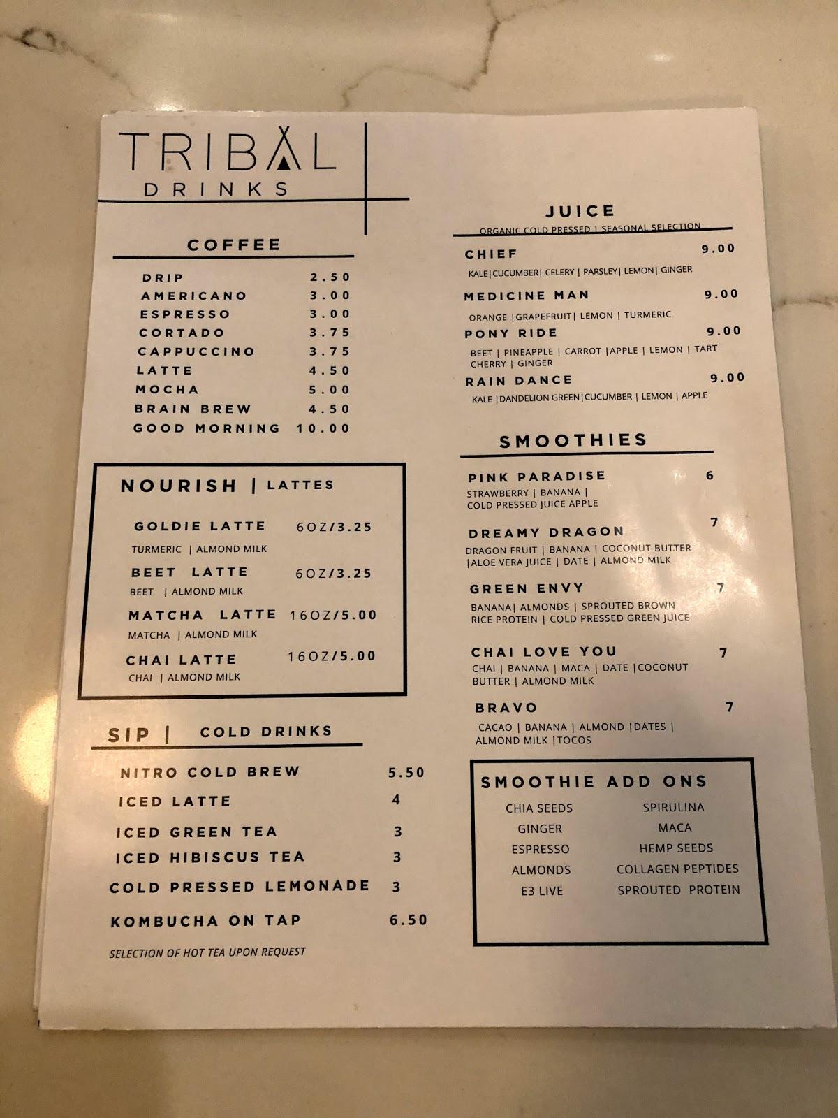 Menu at Tribal All Day Cafe, Dallas