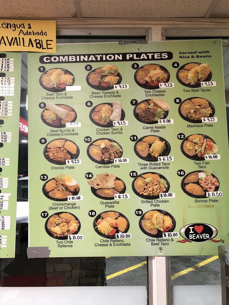 Menu at Valerie's Taco Shop restaurant, Beaver