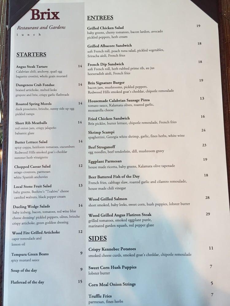 Menu at Brix pub & bar, Yountville
