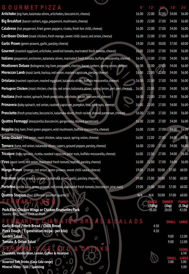 Menu at Ferrari's Gourmet Pizzeria, Glynde