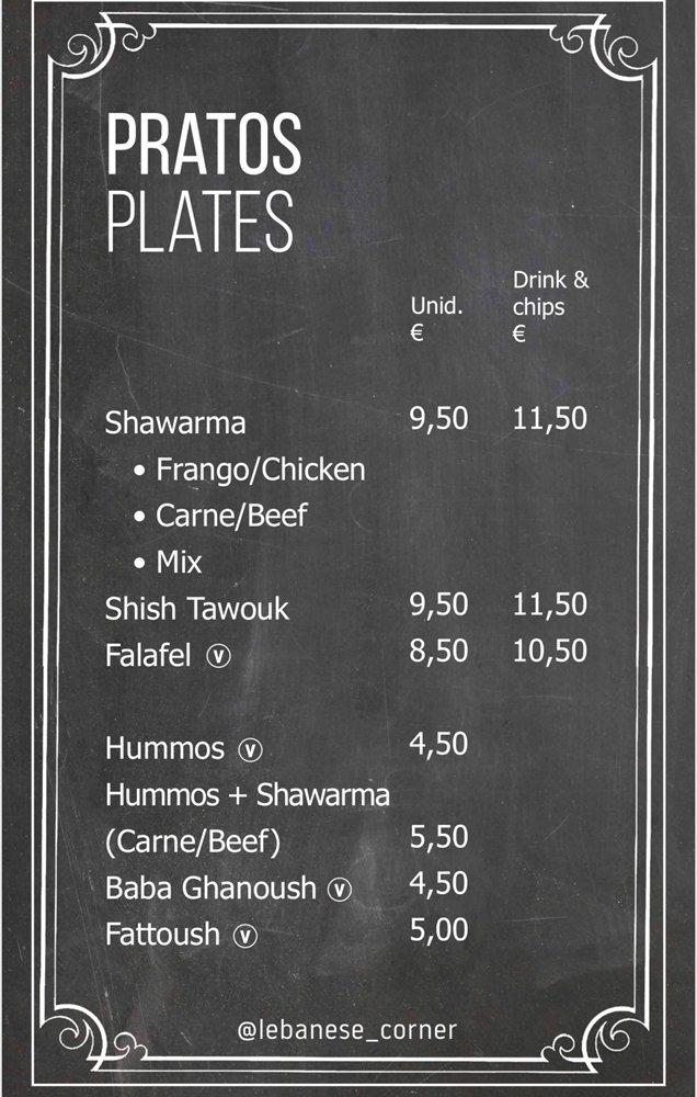 Menu at Lebanese Corner restaurant, Lisbon