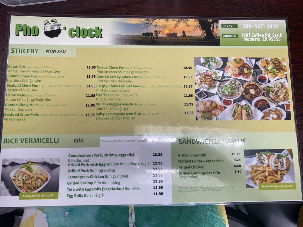 Menu at Pho o'clock restaurant, Modesto