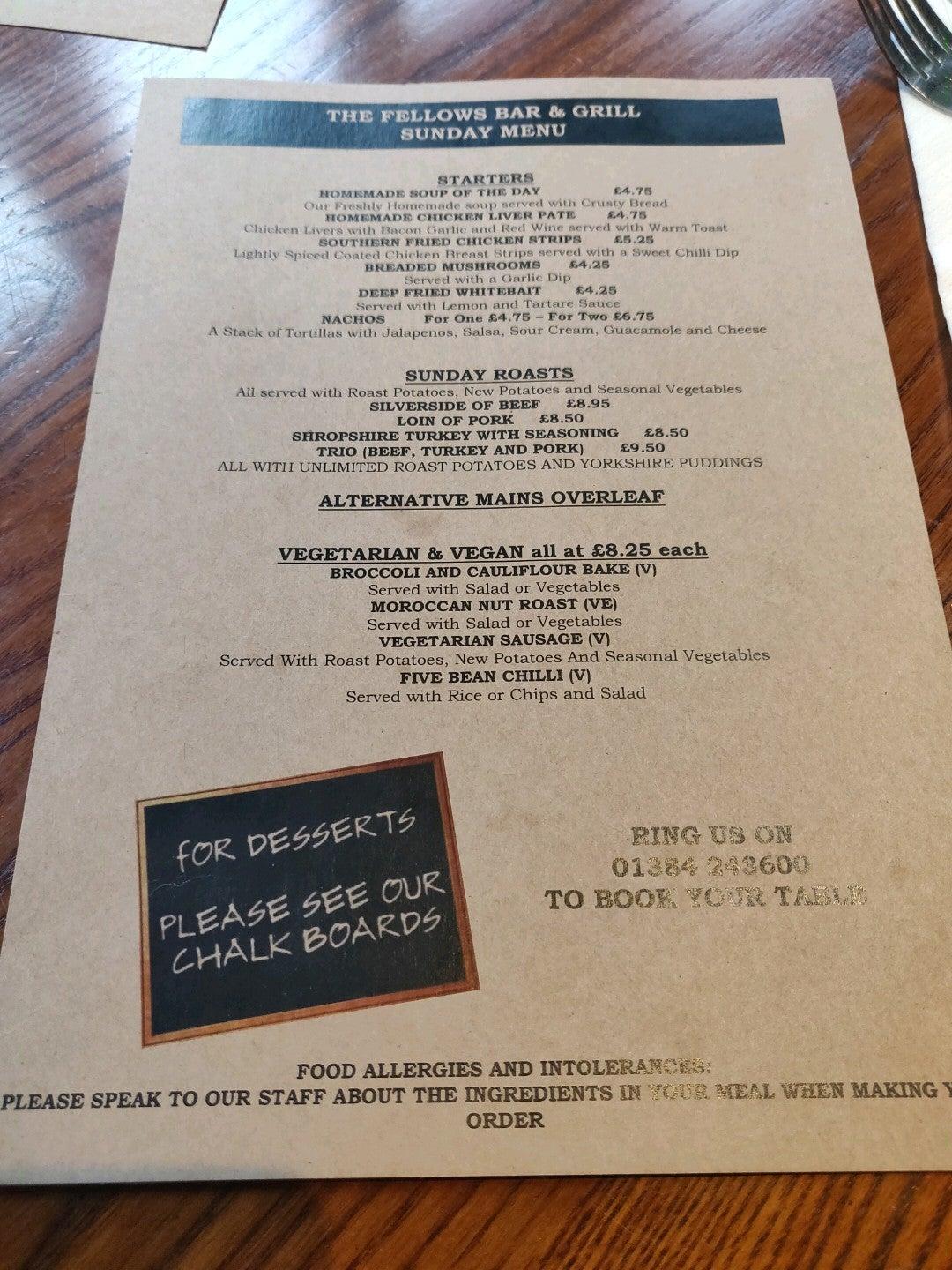 Menu at The Fellows Pub, Dudley