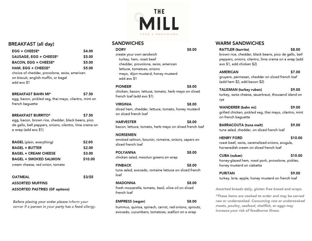 Menu at The Mill restaurant, Essex