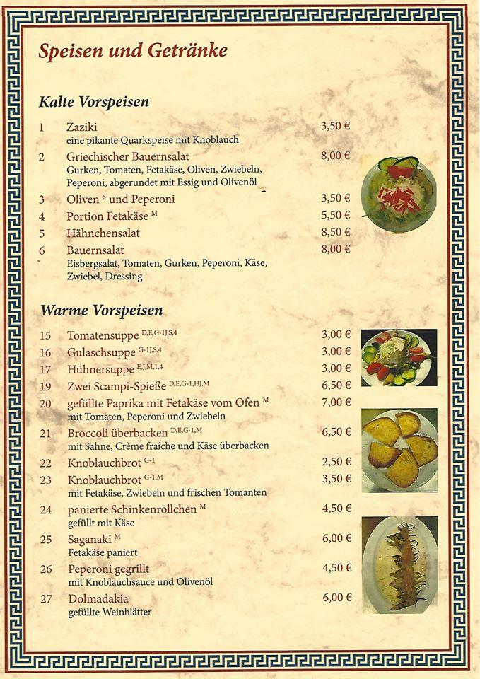 Menu at Artemis restaurant, Thale