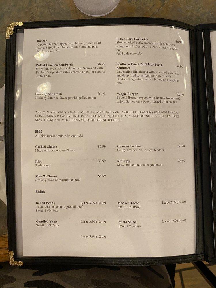 Menu at Baldwin's Smokehouse BBQ, Saginaw