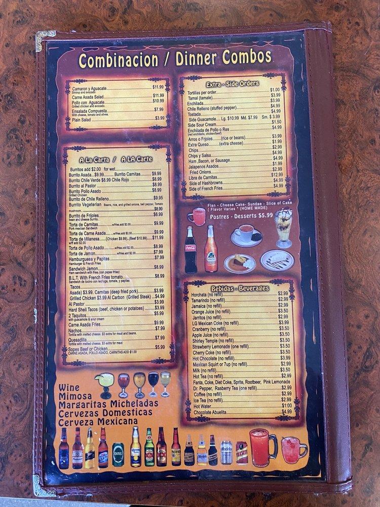Menu at Casa Jimenez restaurant, Whittier, Whittier Blvd