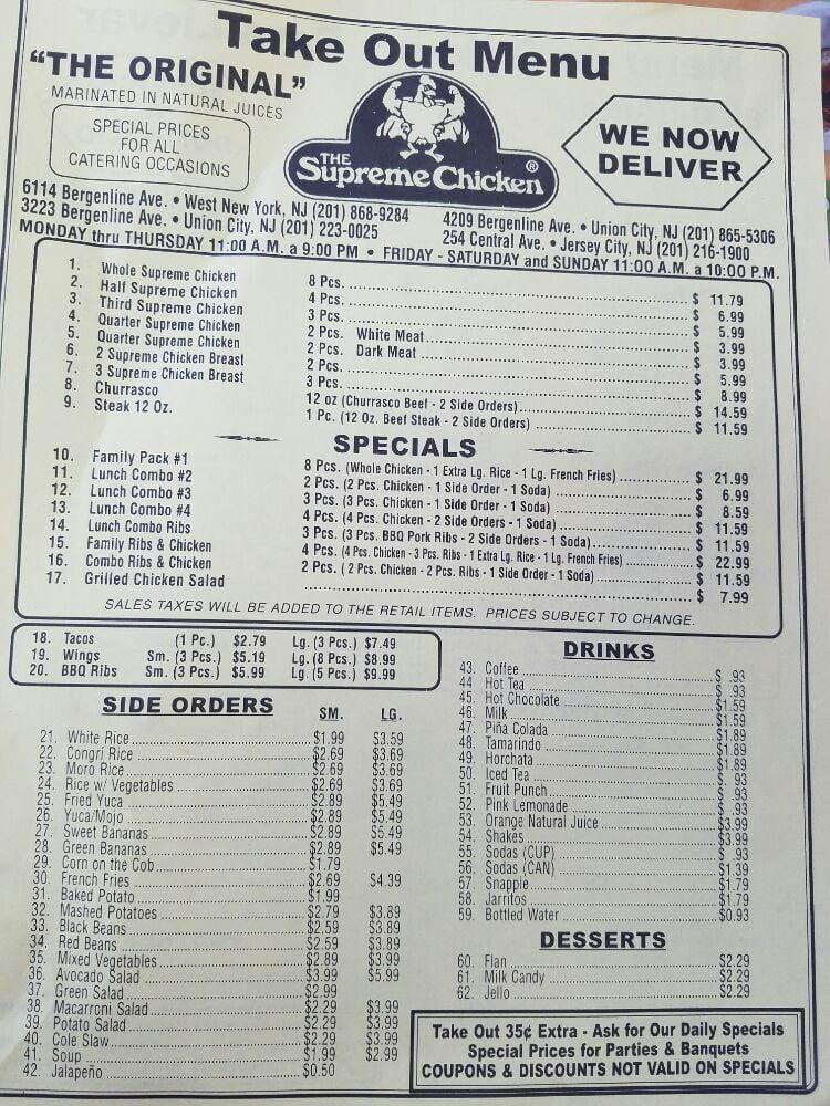 Carta del restaurante El Pollo Supremo - Jersey City, Jersey City
