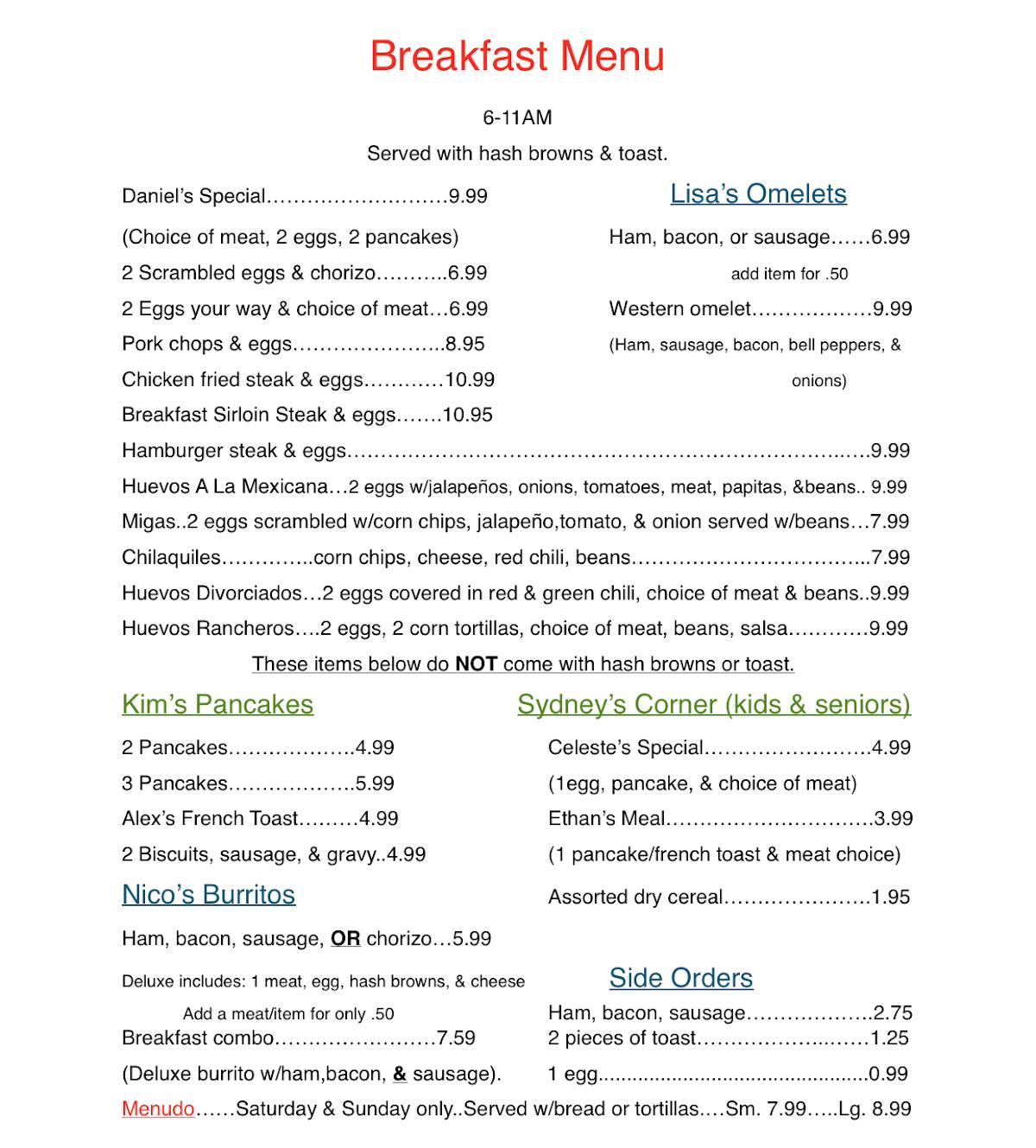 Menu at Jimenez Rancho Grande restaurant, Lovington