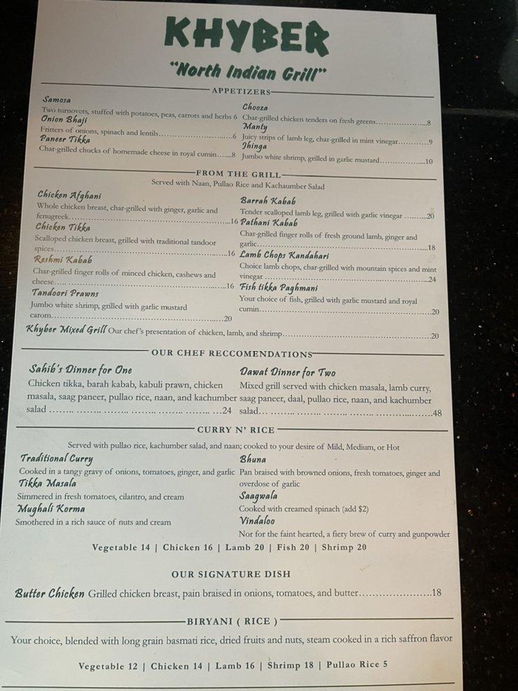 Menu at Khyber North Indian Grill restaurant, Houston