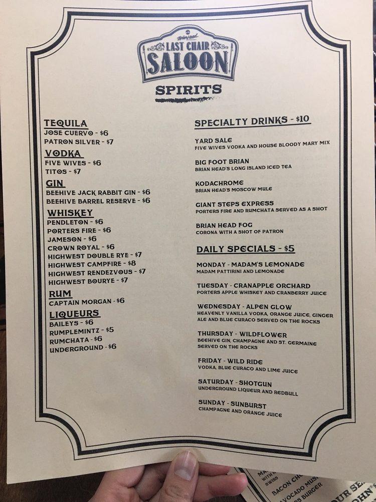 Menu at Last Chair Saloon pub & bar, Brian Head, 329 Ut-143