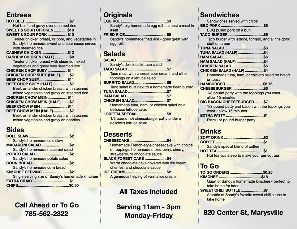 Menu at Sandy's Pantry restaurant, Marysville
