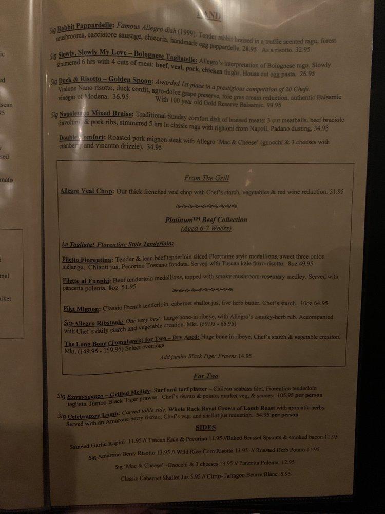 Menu at Via Allegro Ristorante restaurant, Toronto