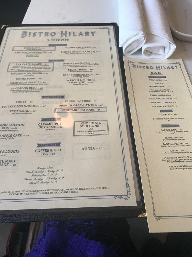 Menu at Bistro Hilary cafe, Senoia
