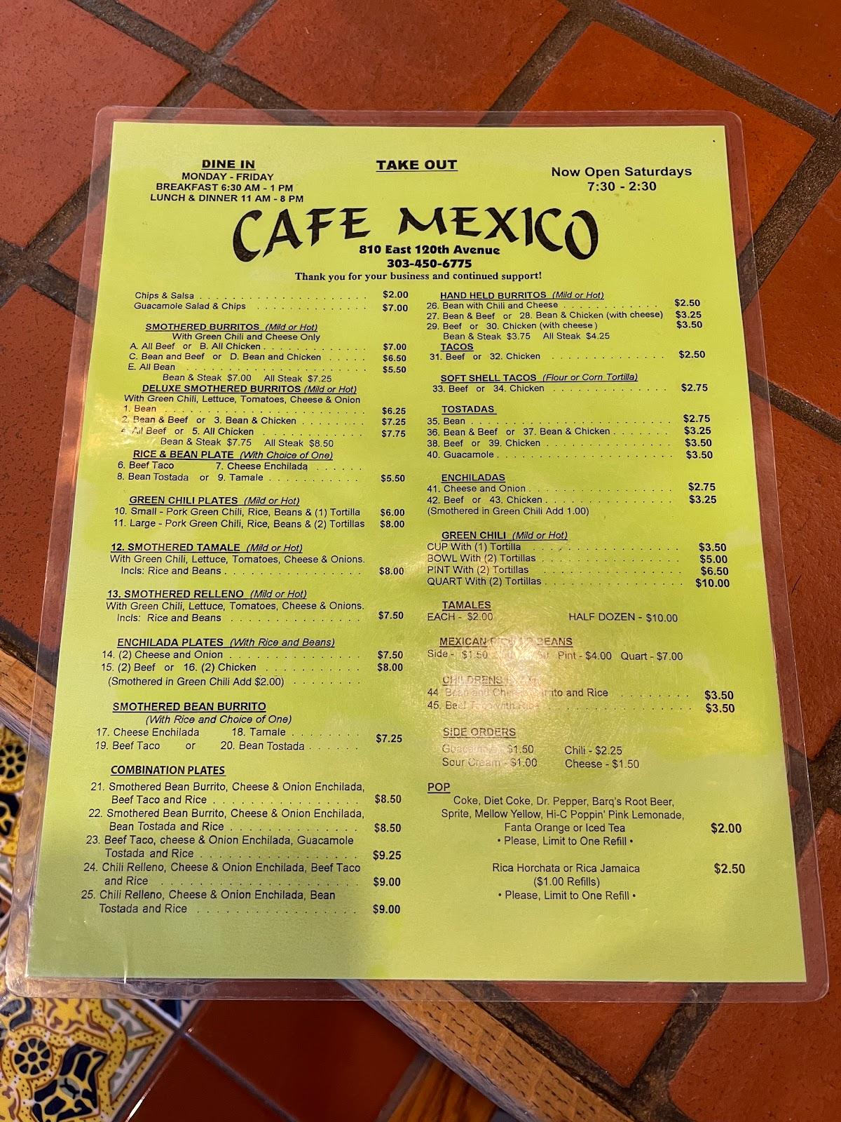 Menu at Cafe Mexico, Northglenn, 810 E 120th Ave