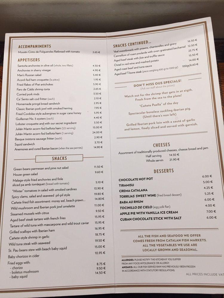 Menu at Cañete pub & bar, Barcelona, Carrer de la Unió