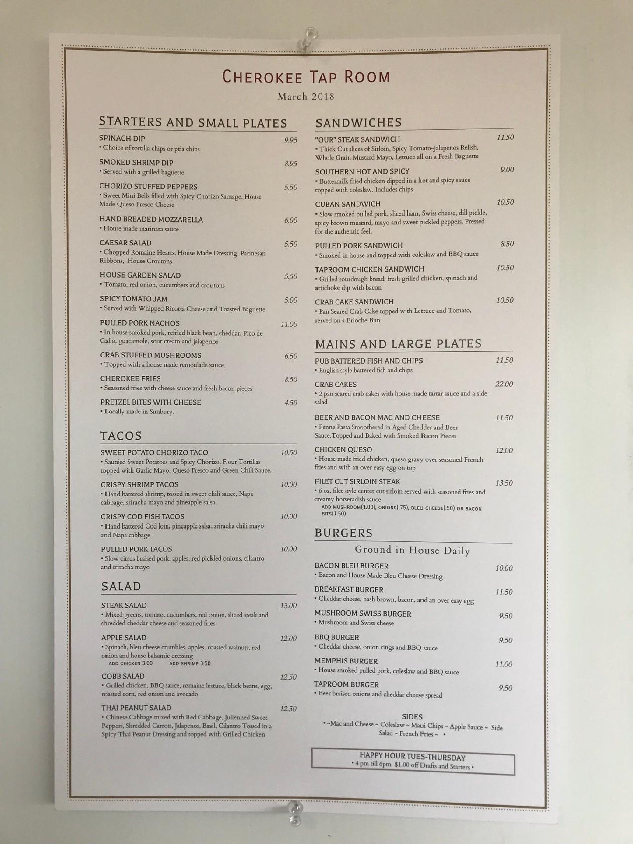 Menu at Cherokee Tap Room And Grill pub & bar, Danville