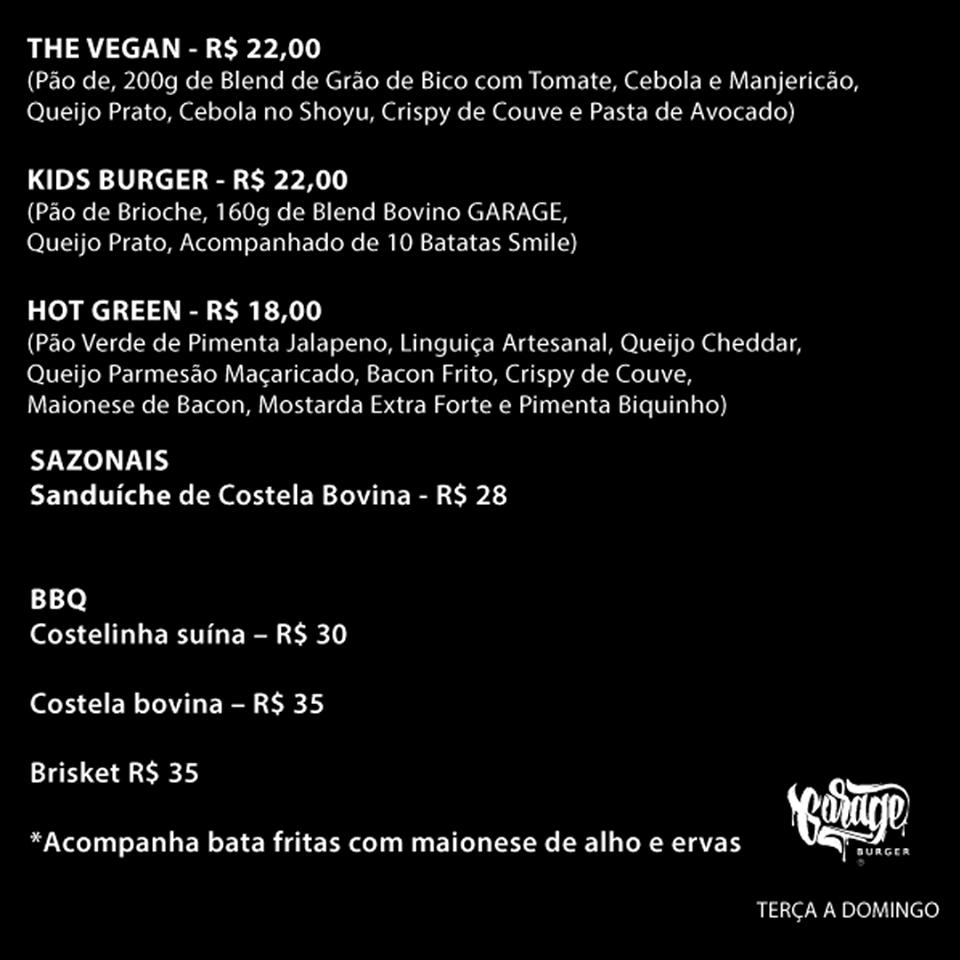 Menu at GARAGE BURGER ORIGINAL restaurant, São Gonçalo