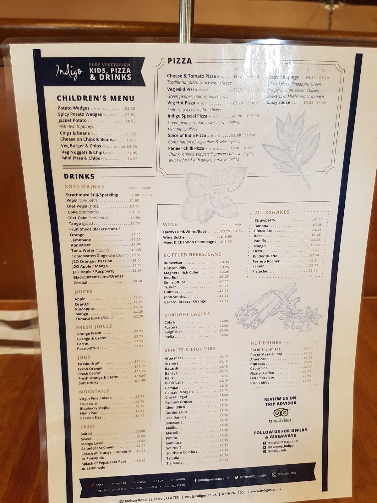 Menu at Indigo restaurant, Leicester, 432 Melton Rd