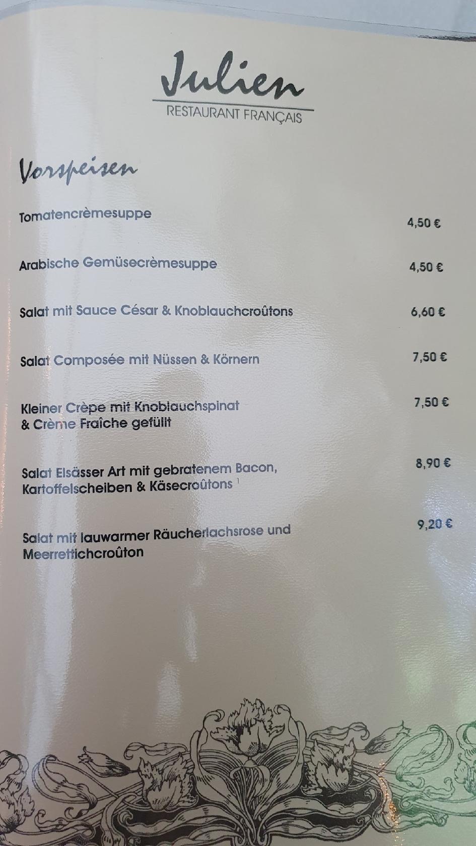 Menu at Julien restaurant, Kaiserslautern