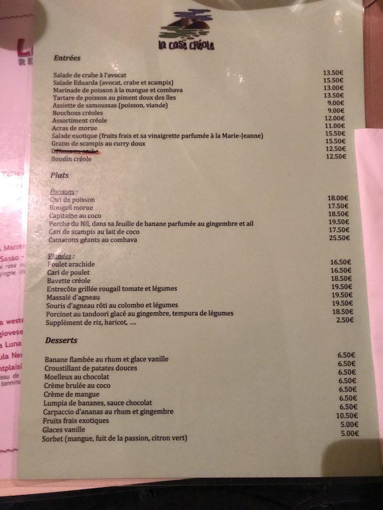 Menu au La Case Créole, Ixelles