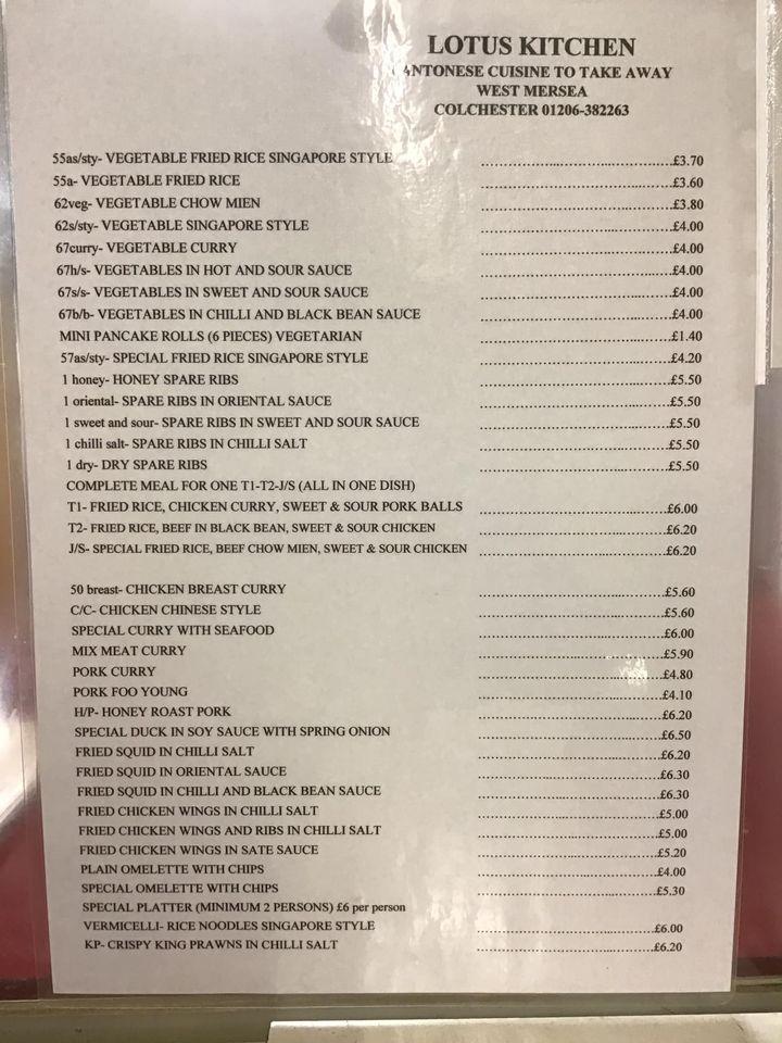 Menu at Lotus Kitchen fast food, West Mersea