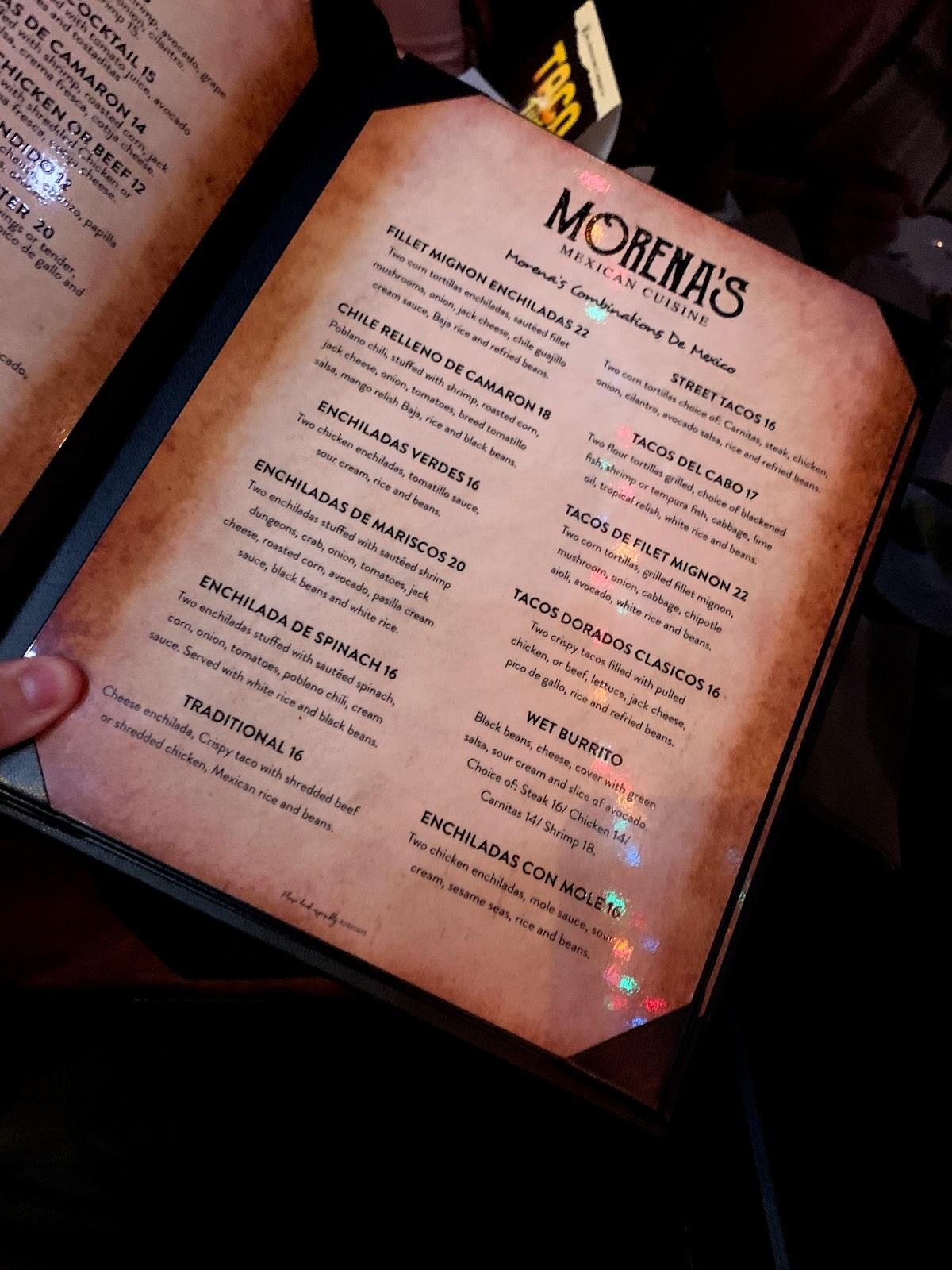 Menu at Morena’s Mexican Cuisine restaurant, Ladera Ranch