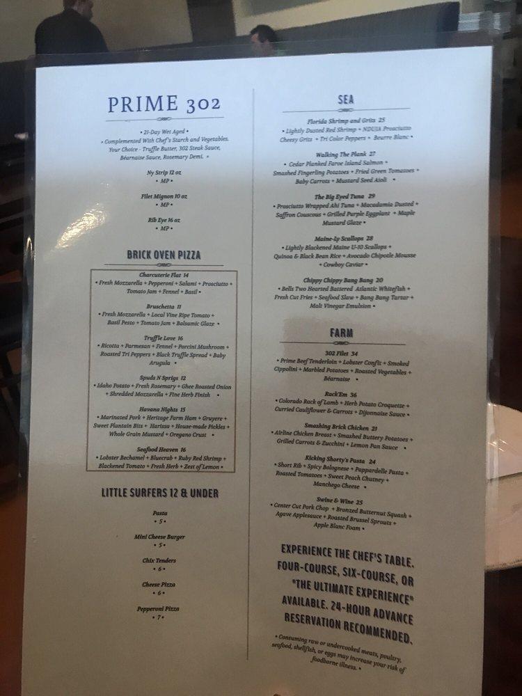 Menu at Ocean 302 steakhouse, Melbourne Beach