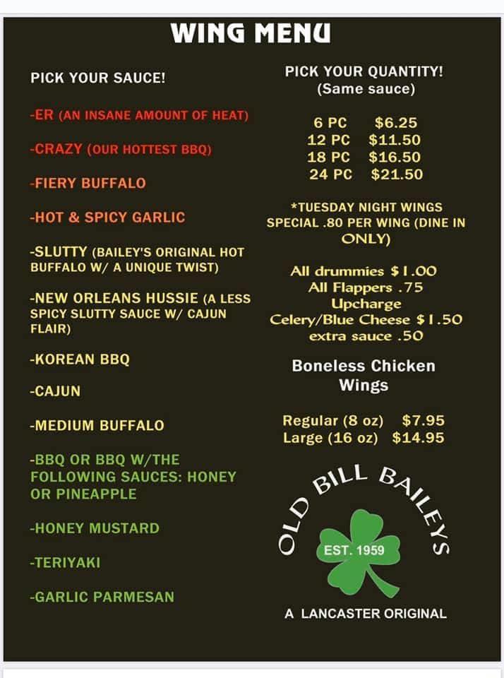 Menu at Old Bill Bailey's pub & bar, Lancaster