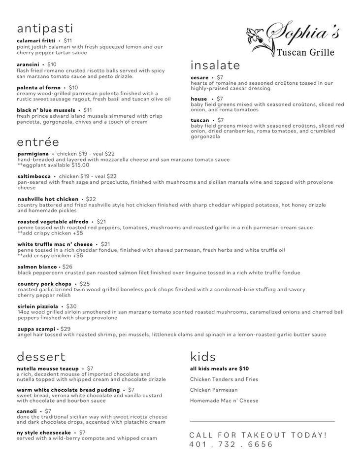 Menu at Sophia's Tuscan Grille restaurant, Warwick