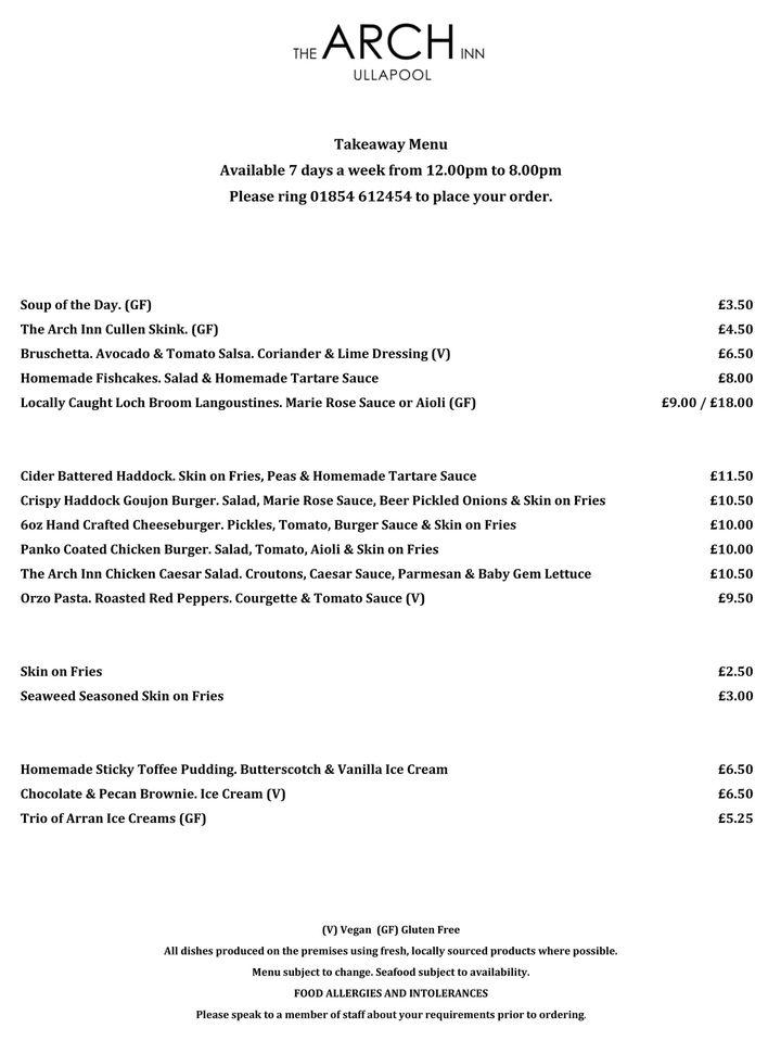 Menu at The Arch Inn pub & bar, Ullapool