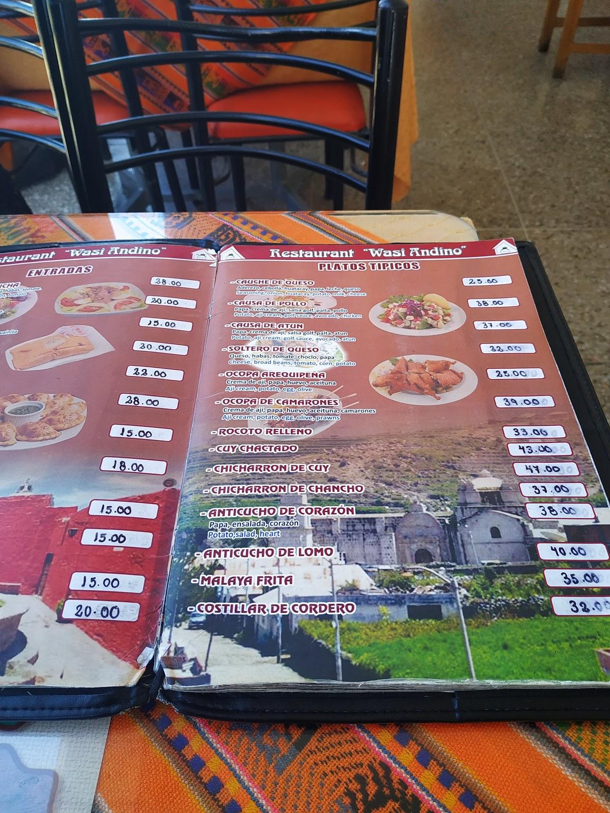 Menu at Wasi Andino restaurant, Arequipa