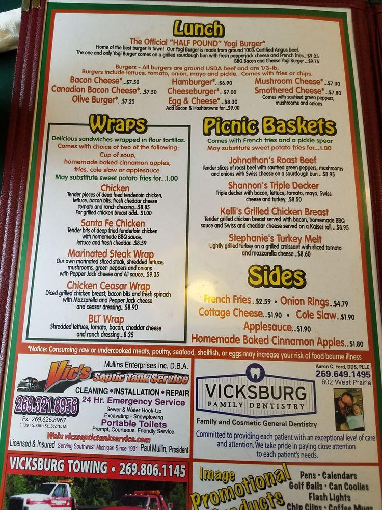 Menu at Yogi's restaurant, Vicksburg
