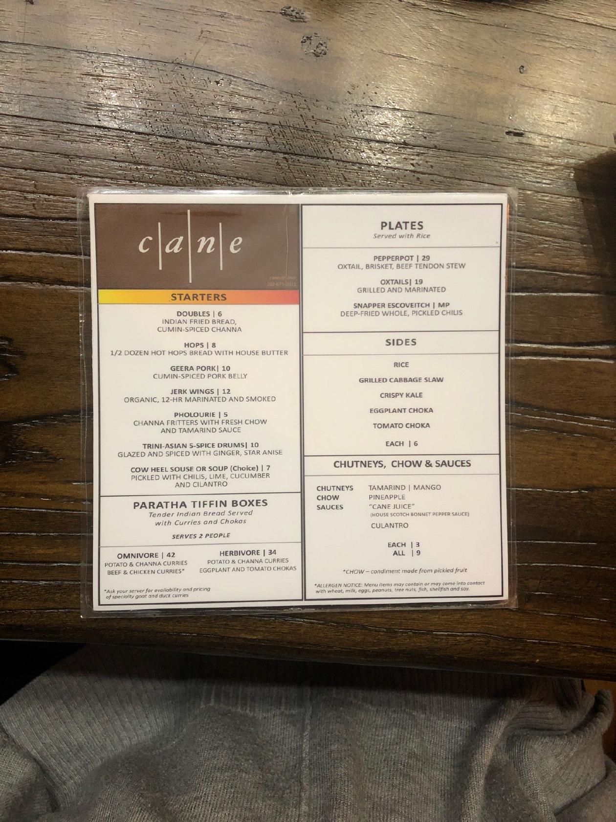 Menu at Cane restaurant, Washington