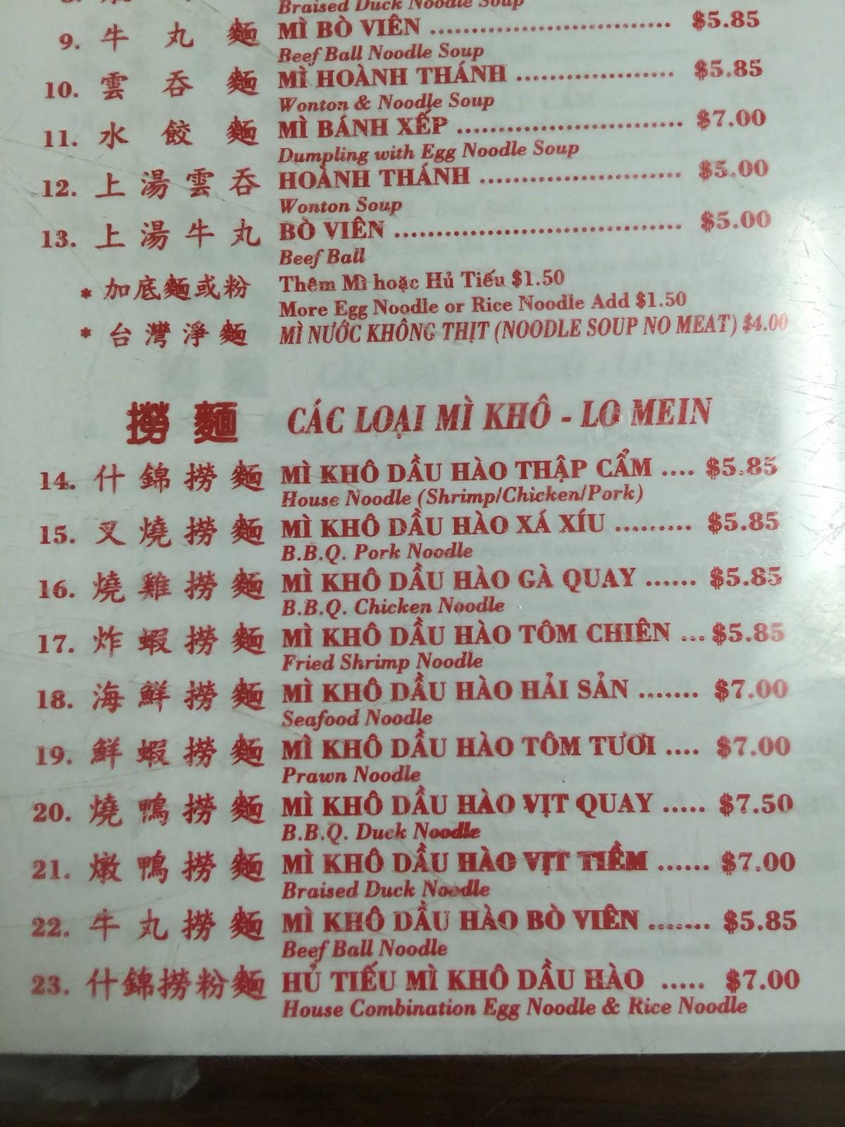 Menu at China Chef Mi La Cay restaurant, Westminster, Bolsa Ave
