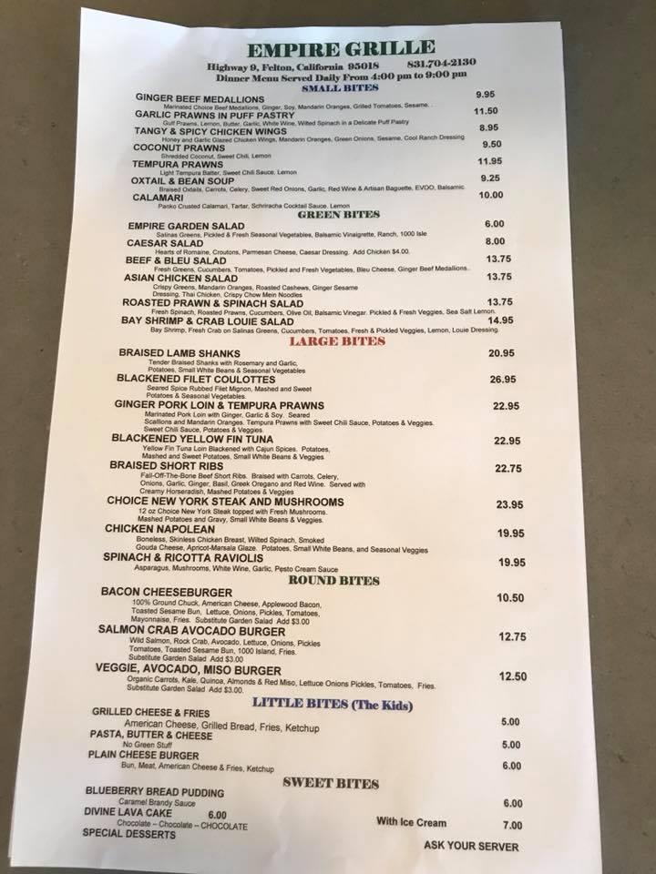 Menu at Empire Grille pub & bar, Felton